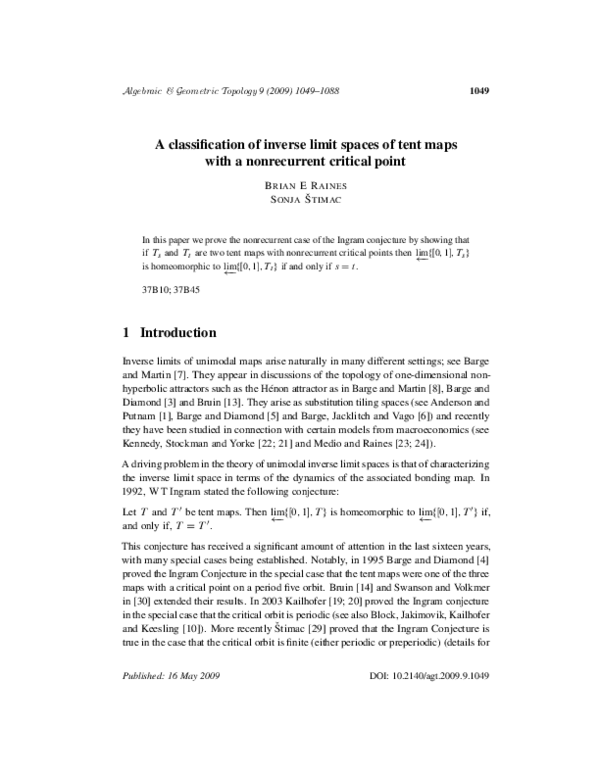 Pdf A Classification Of Inverse Limit Spaces Of Tent Maps With A