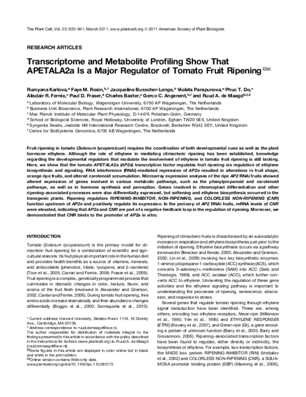(PDF) Transcriptome and Metabolite Profiling Show That APETALA2a Is a Major Regulator of Tomato ...