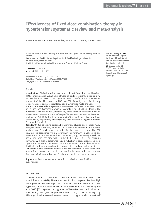 (PDF) Effectiveness of fixed-dose combination therapy in hypertension ...