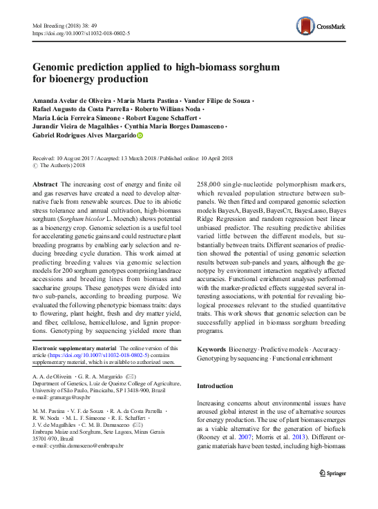 Pdf Genomic Prediction Applied To High Biomass Sorghum For Bioenergy Production
