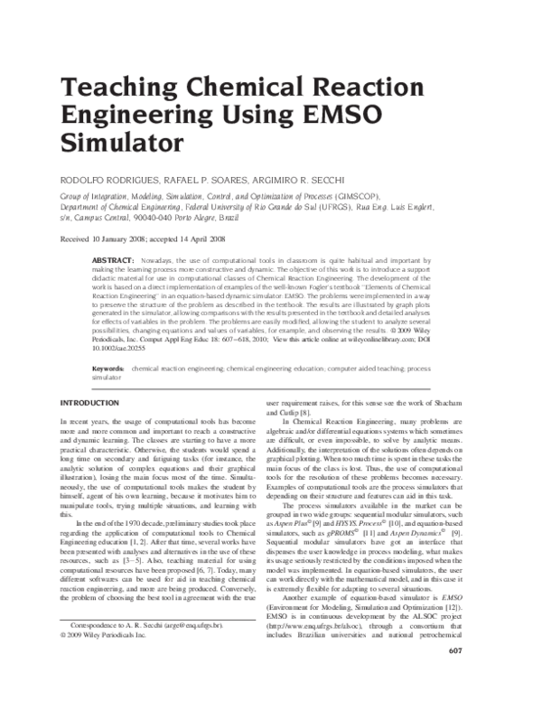(PDF) Teaching Chemical Reaction Engineering Using EMSO Simulator