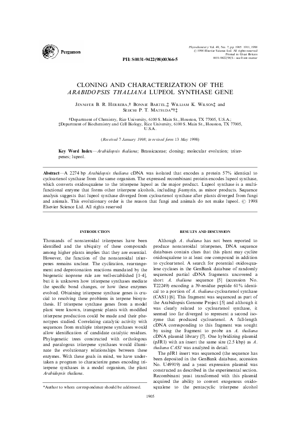 (PDF) Cloning and characterization of the Arabidopsis thaliana lupeol synthase gene