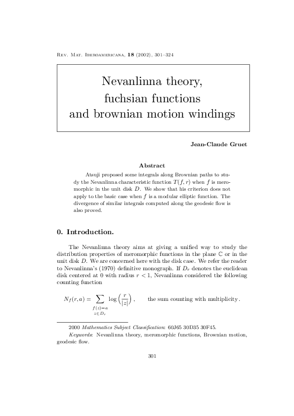 Pdf Nevanlinna Theory Fuchsian Functions And Brownian Motion Windings