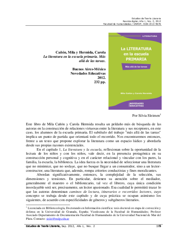 (PDF) Cañón, Mila y Hermida, Carola. La literatura en la escuela primaria. Más allá de las tareas