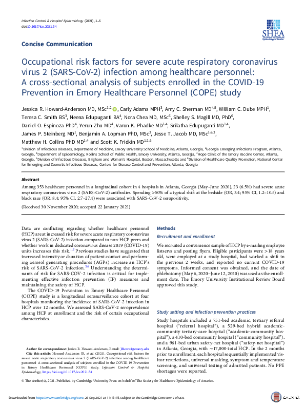 (PDF) Occupational risk factors for severe acute respiratory ...