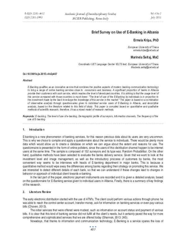 (PDF) Brief Survey on Use of E-Banking in Albania