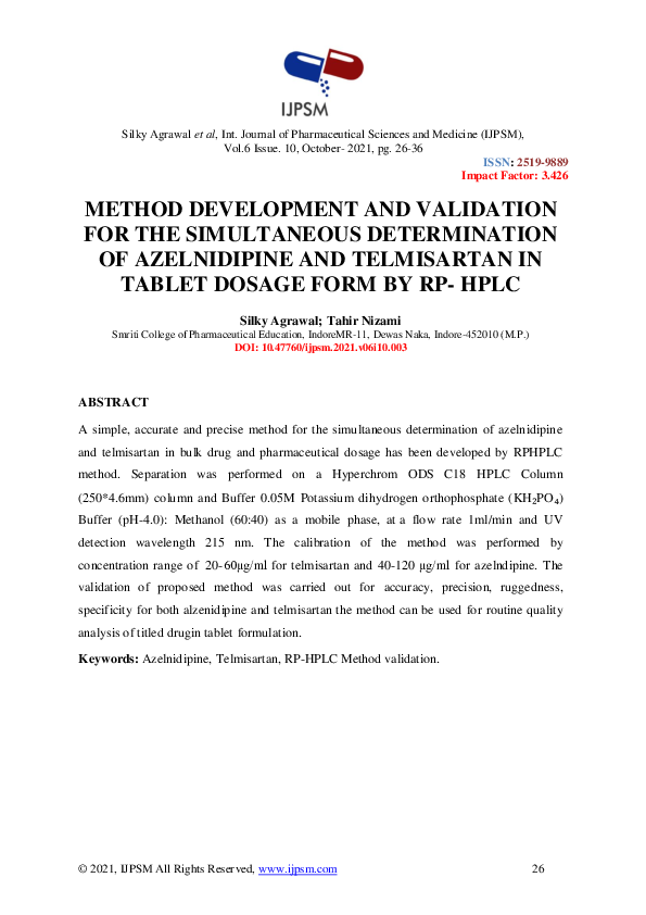 Pdf Method Development And Validation For The Simultaneous
