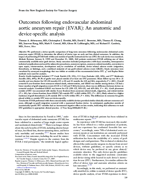 (PDF) Outcomes following endovascular abdominal aortic aneurysm repair ...