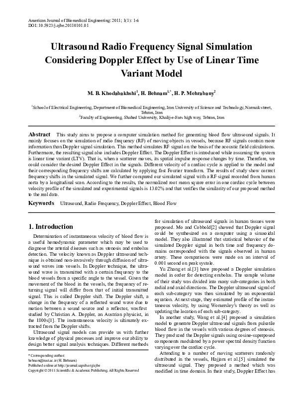 Pdf Ultrasound Radio Frequency Signal Simulation Considering Doppler