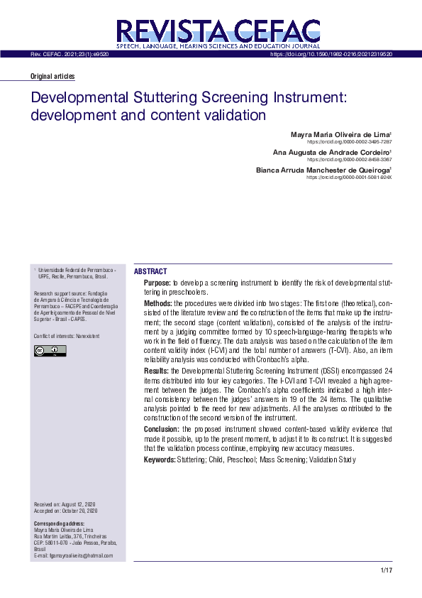 (PDF) Developmental Stuttering Screening Instrument: development and ...