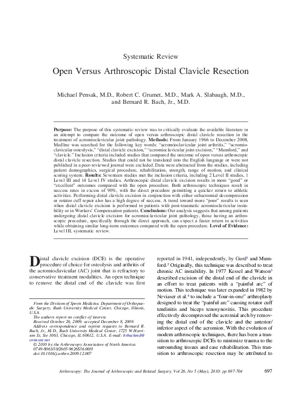 (PDF) Open Versus Arthroscopic Distal Clavicle Resection