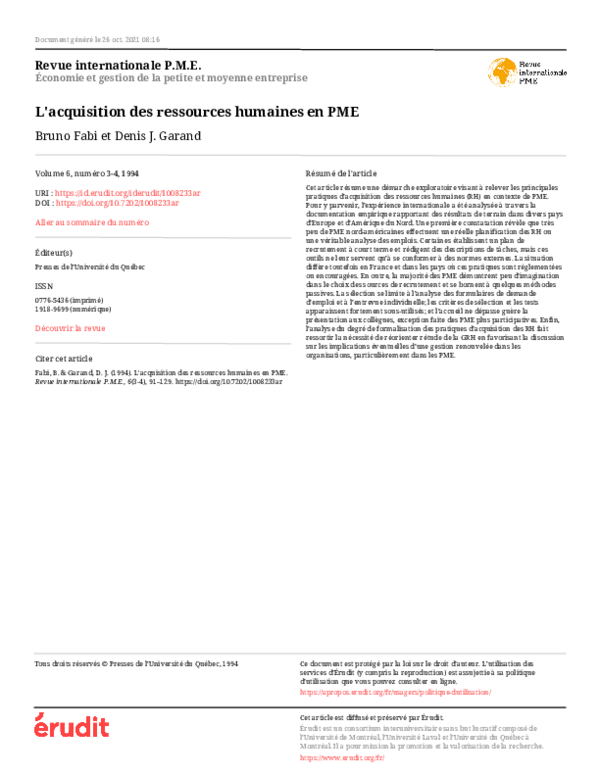 (PDF) L'acquisition des ressources humaines en PME