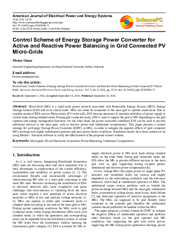(PDF) Control Scheme of Energy Storage Power Converter for Active and Reactive Power Balancing ...