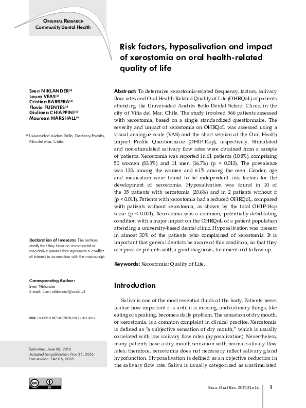 (PDF) Risk factors, hyposalivation and impact of xerostomia on oral ...