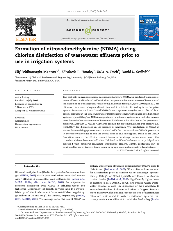 (PDF) Formation of nitrosodimethylamine (NDMA) during chlorine ...