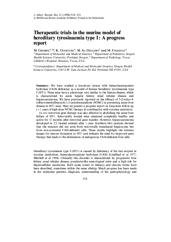(PDF) Therapeutic trials in the murine model of hereditary tyrosinaemia ...