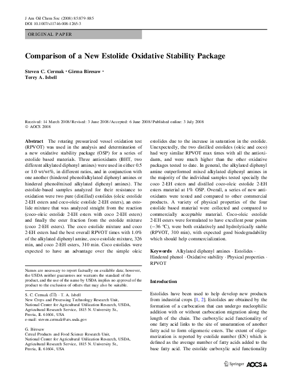 (PDF) Comparison of a New Estolide Oxidative Stability Package