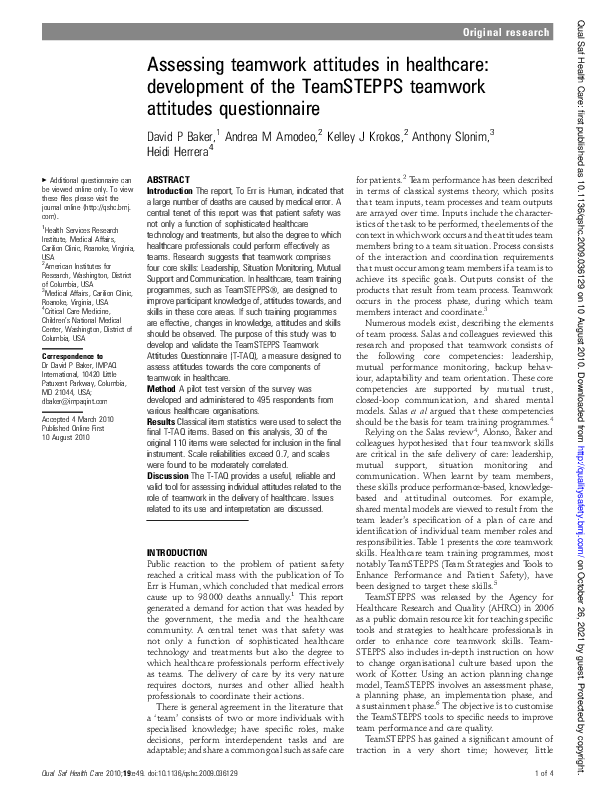 (PDF) Assessing teamwork attitudes in healthcare: development of the ...
