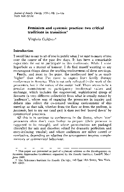 (PDF) Feminism and systemic practice: two critical traditions in ...
