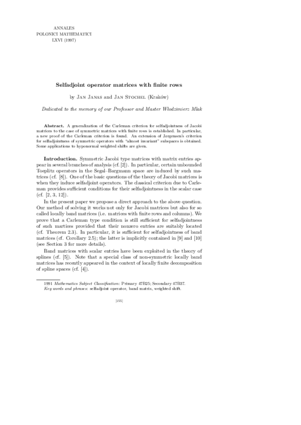 (PDF) Selfadjoint operator matrices with finite rows