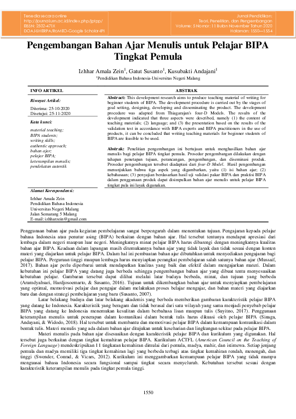 (PDF) Pengembangan Bahan Ajar Menulis untuk Pelajar BIPA Tingkat Pemula