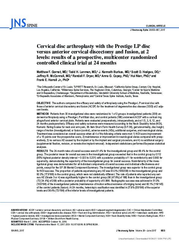 (PDF) Comparison of BRYAN Cervical Disc Arthroplasty With Anterior ...