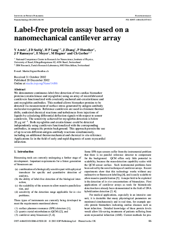 (PDF) Label-free protein assay based on a nanomechanical cantilever ...