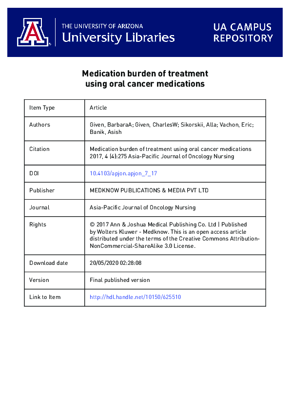 (PDF) Medication burden of treatment using oral cancer medications