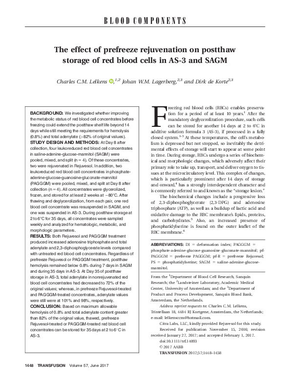(PDF) The effect of prefreeze rejuvenation on postthaw storage of red ...