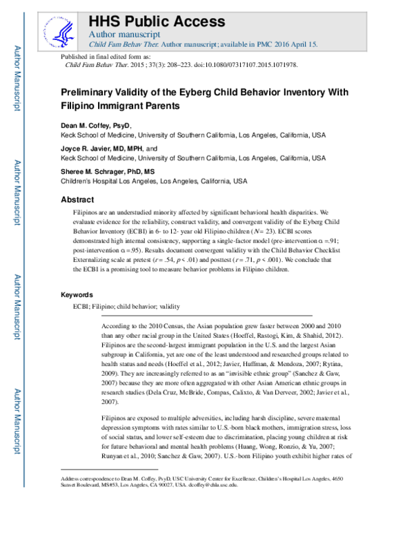 (PDF) Preliminary Validity of the Eyberg Child Behavior Inventory with ...