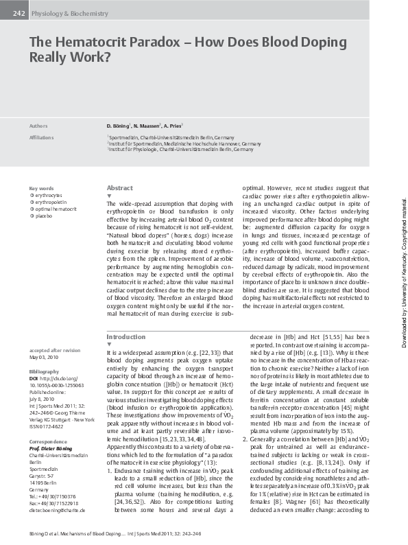 (PDF) The Hematocrit Paradox – How Does Blood Doping Really Work?