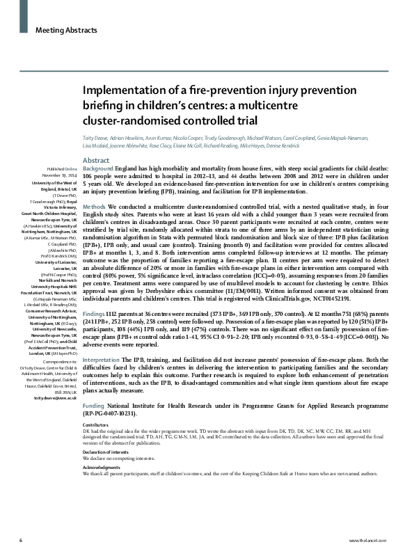 (PDF) Implementation of a fire-prevention injury prevention briefing in children's centres: a ...