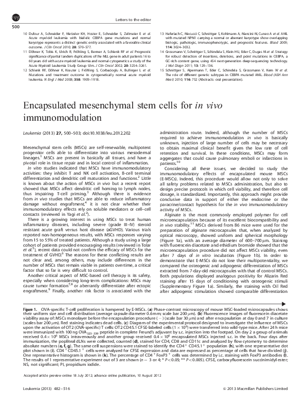 (PDF) Encapsulated mesenchymal stem cells for in vivo immunomodulation