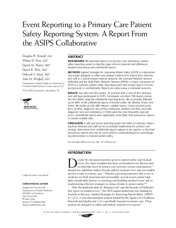 (PDF) Event Reporting to a Primary Care Patient Safety Reporting System ...