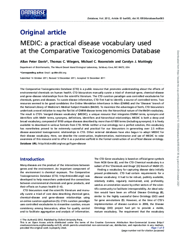 (PDF) MEDIC: a practical disease vocabulary used at the Comparative Toxicogenomics Database