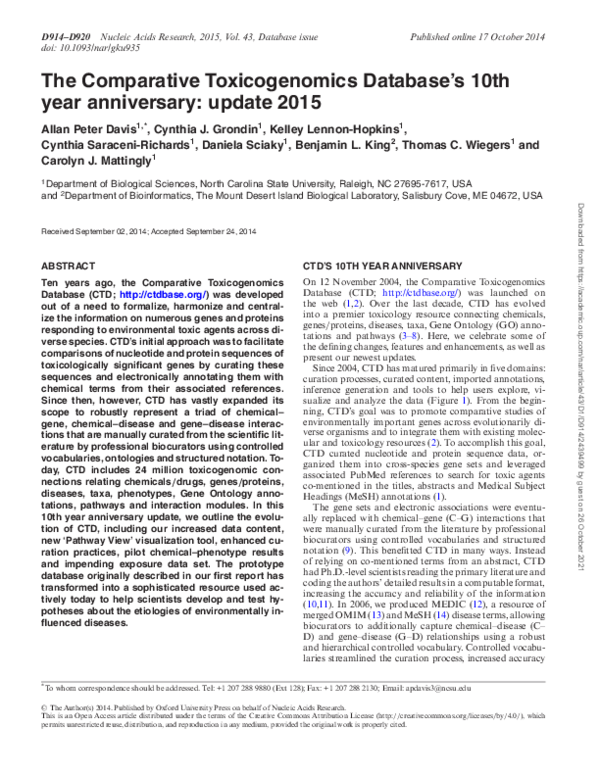(PDF) The Comparative Toxicogenomics Database's 10th year anniversary: update 2015