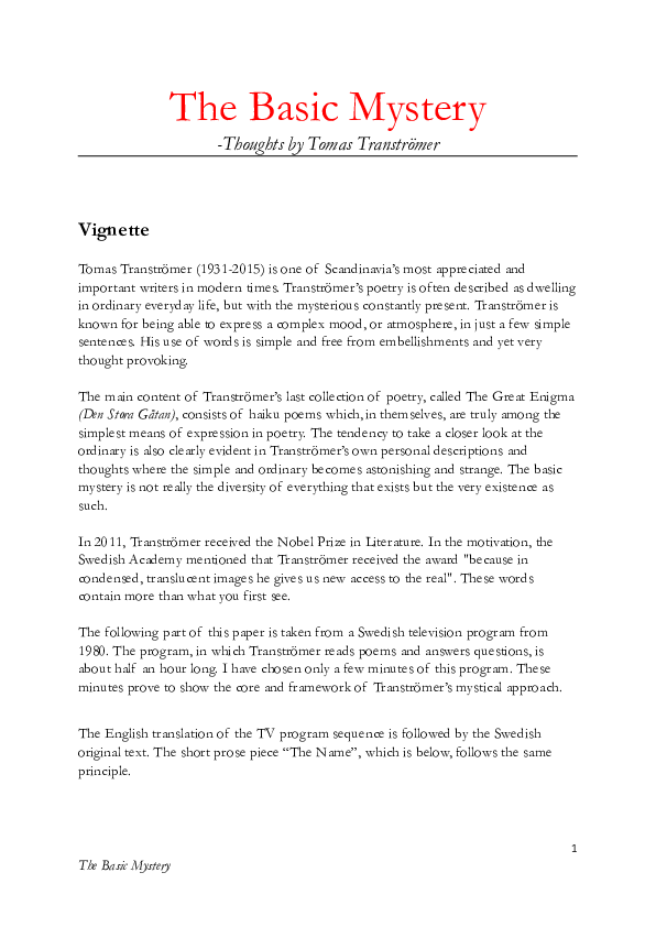 (PDF) The Basic Mystery -Thoughts by Tomas Tranströmer