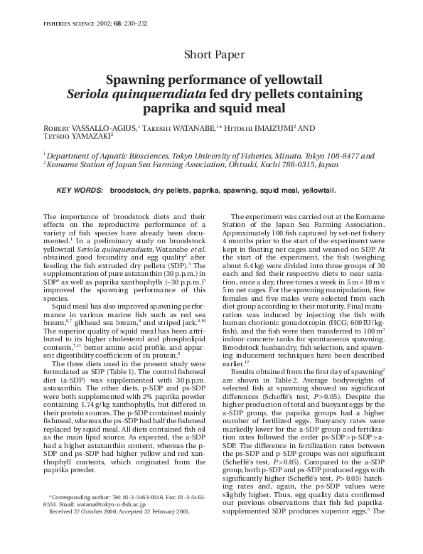 (PDF) Spawning performance of yellowtail Seriola quinqueradiata fed dry ...