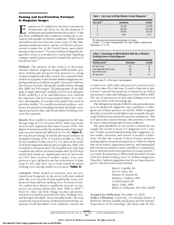 (PDF) Tanning and Sun-Protection Portrayal in Magazine Images
