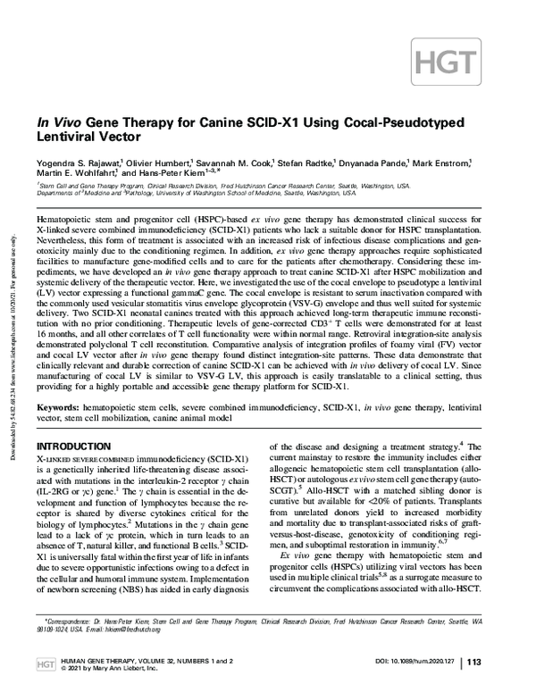 (PDF) In Vivo Gene Therapy for Canine SCID-X1 Using Cocal-Pseudotyped ...