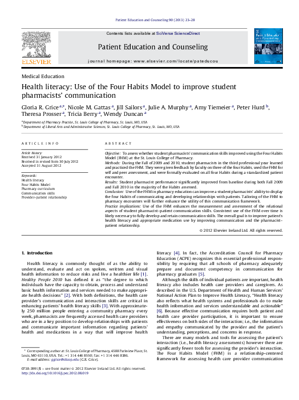 (PDF) Health literacy: Use of the Four Habits Model to improve student ...