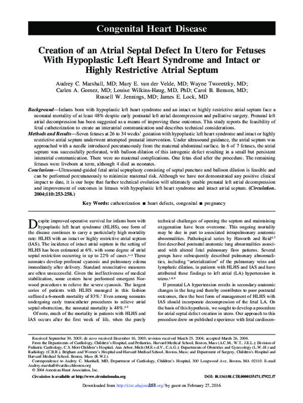 (PDF) Creation of an Atrial Septal Defect In Utero for Fetuses With ...