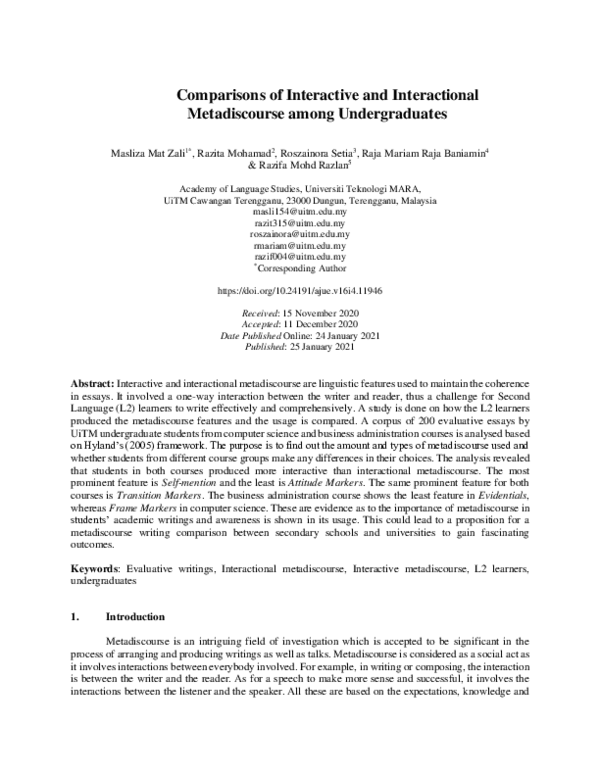 (PDF) Comparisons of Interactive and Interactional Metadiscourse among ...