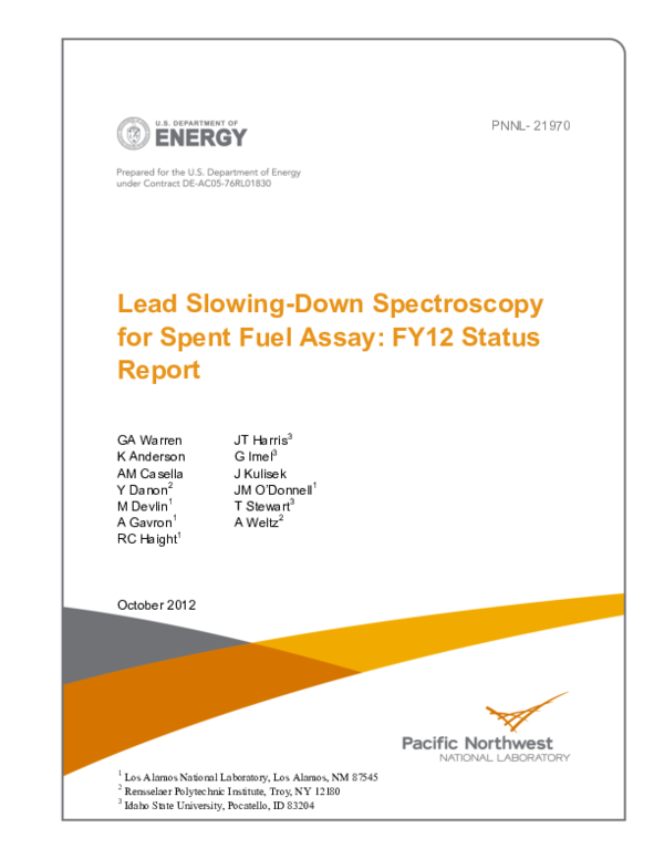 (PDF) Lead Slowing-Down Spectrometry for Spent Fuel Assay: FY11 Status ...