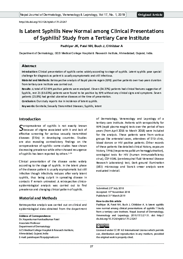 (PDF) Is Latent Syphilis New Normal among Clinical Presentations of ...