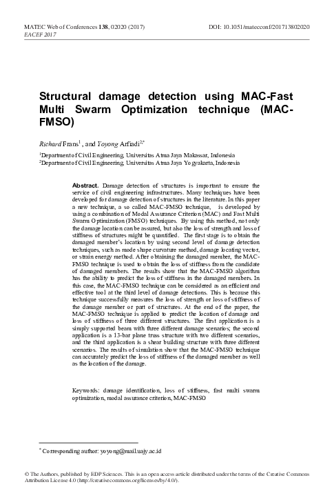 (PDF) Structural damage detection using MAC-Fast Multi Swarm Optimization technique (MAC-FMSO)