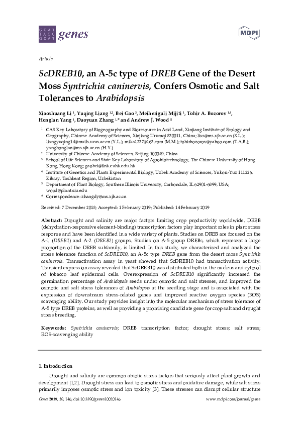 (PDF) ScDREB10, an A-5c type of DREB Gene of the Desert Moss Syntrichia ...