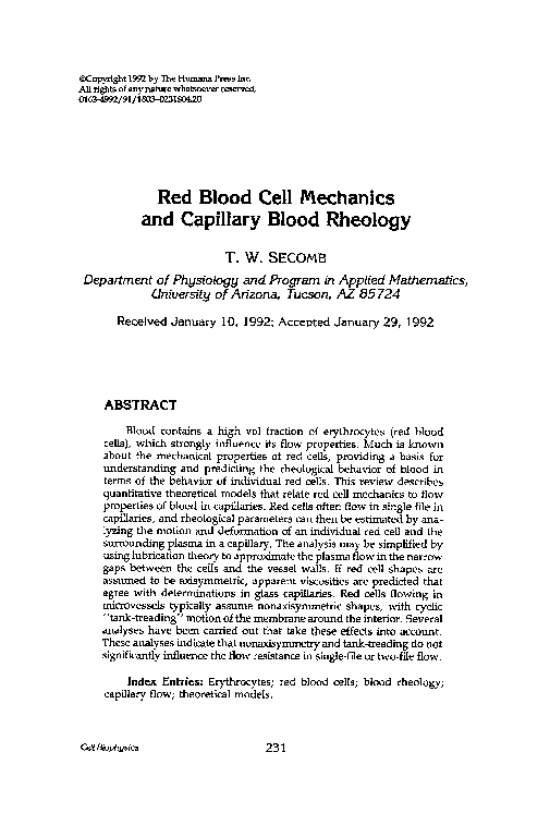 (PDF) Red blood cell mechanics and capillary blood rheology