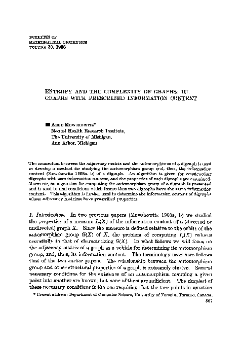 (PDF) Entropy and the complexity of graphs: III. Graphs with prescribed ...