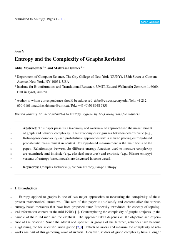 (PDF) Entropy and the Complexity of Graphs Revisited